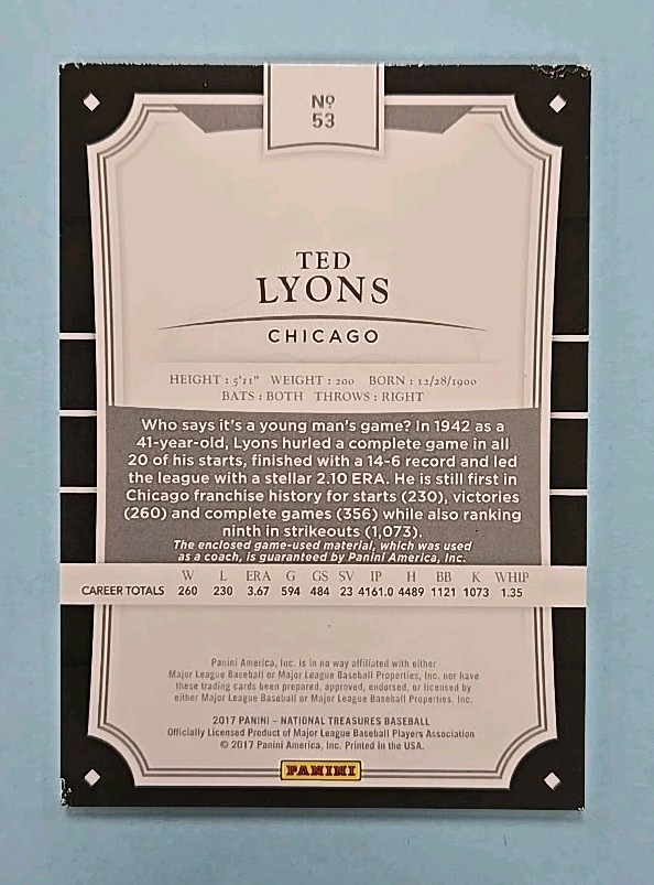 2017 National Treasures Ted Lyons Jersey Relic Gold #53 Card /25 VG ...