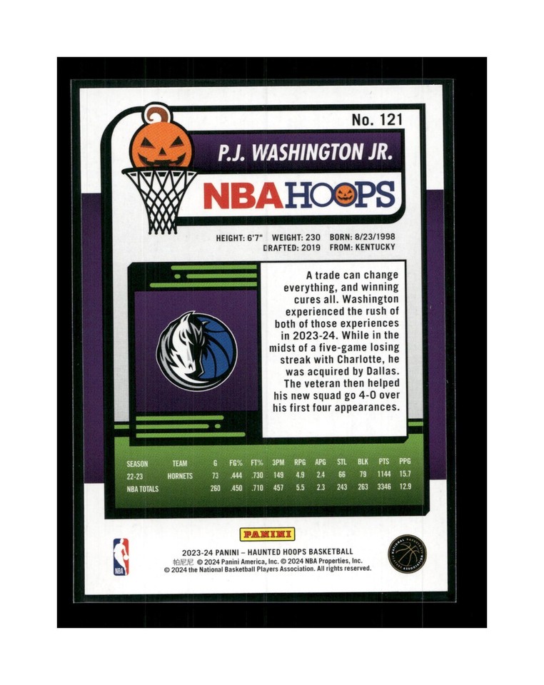2023-24 Panini Haunted Hoops P.J. Washington Jr. Slime #121 Dallas ...