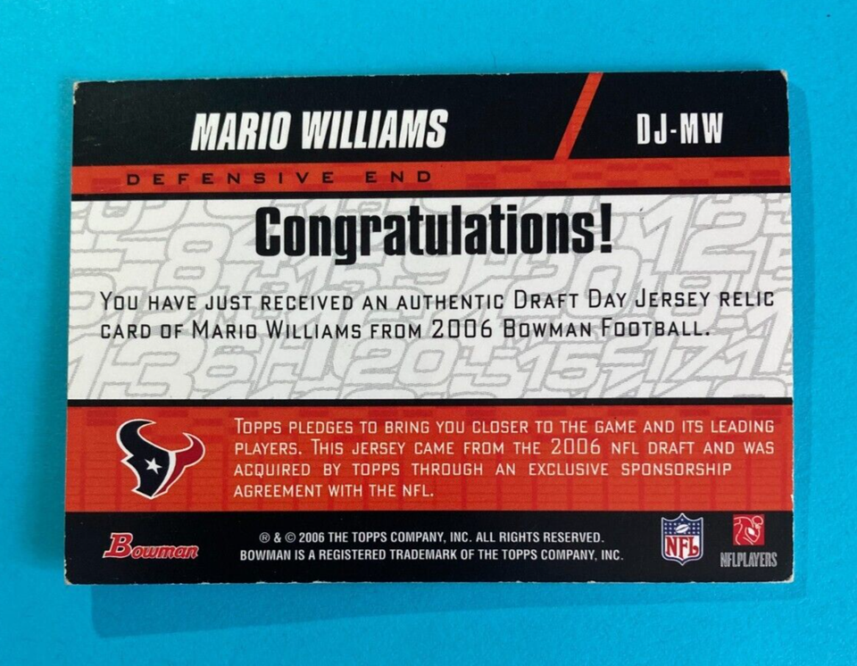 2006 Bowman Mario Williams Draft Jersey Rookie Card SUPER RARE, #1 ...