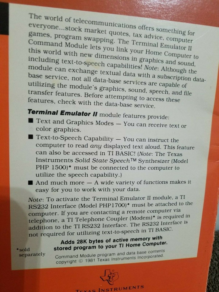 Texas Instruments TI-99 Terminal Emulator II MANUAL | eBay