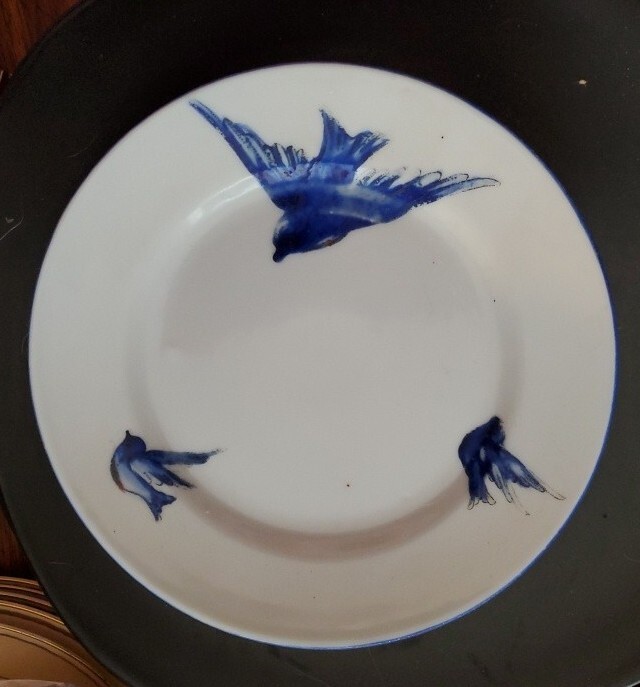 Dessert / Cake Plate BlueBird Swallows Handpainted Japan Rim 6" VINTAGE ...