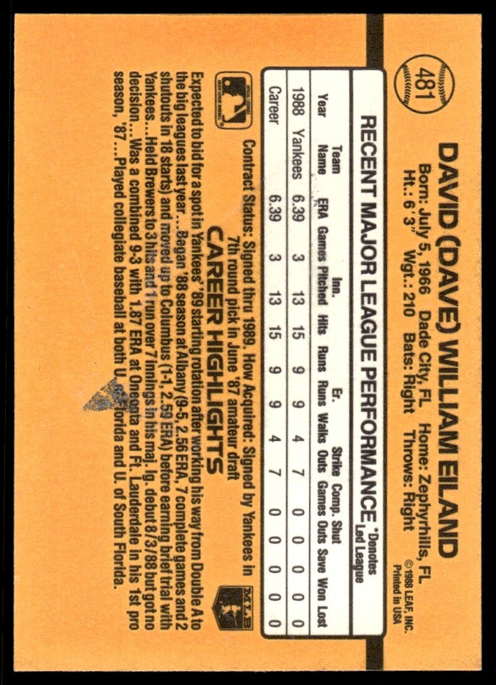 1989 Donruss Baseball Card Dave Eiland Rookie New York Yankees #481 | eBay