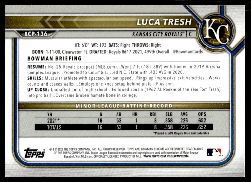2022 Bowman Chrome Mega Box MOJO Refractor Luca Tresh Kansas City ...
