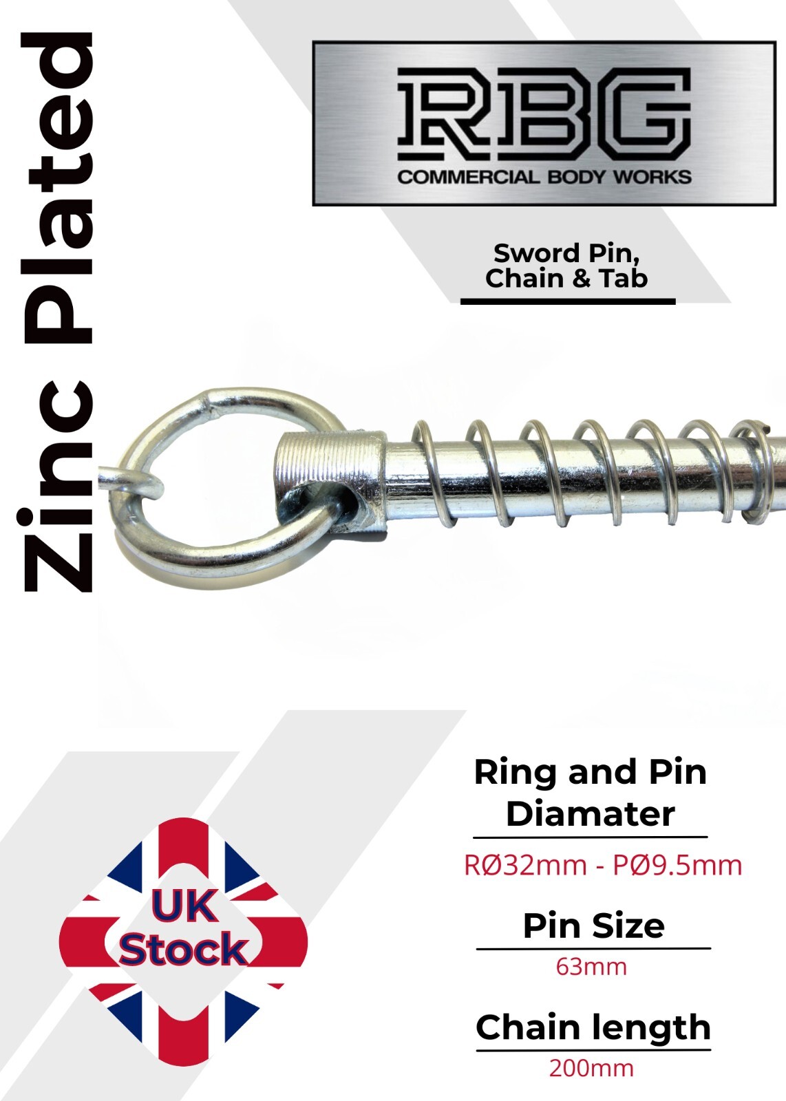 4X Sword Pin and Chain 9.5mm x 63mm | Spring Loaded, Retaining Cotter ...