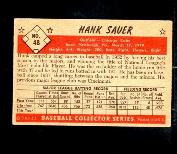 24852* 1953 Bowman Color # 48 Hank Sauer | eBay