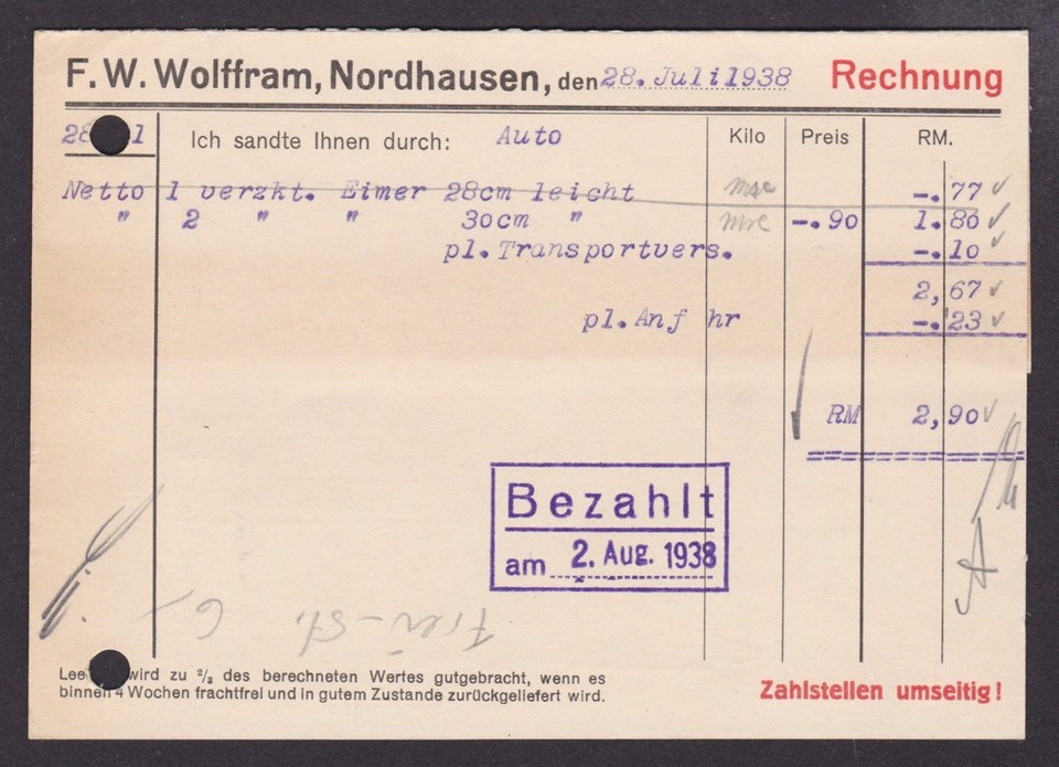GERMANY 1938, Postcard (invoice) from Nordhausen to Bad-Bibra with ...