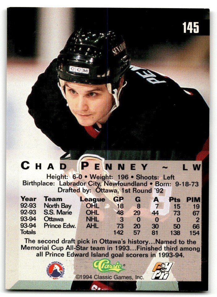 1994-95 CLASSIC GAMES 4 SPORT CHAD PENNEY PRINCE EDWARDS AHL #145 | eBay