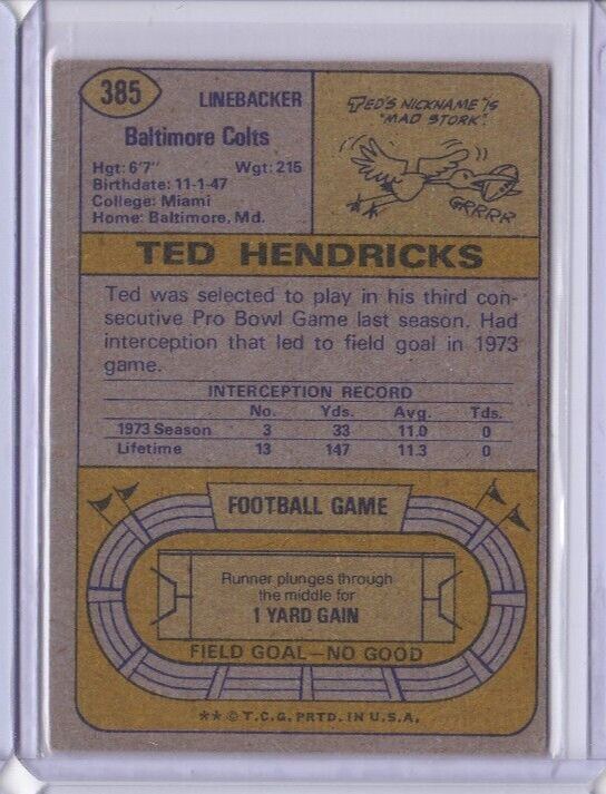 1974 TOPPS FOOTBALL #385 TED HENDRICKS BALTIMORE COLTS HOF ID60 | eBay