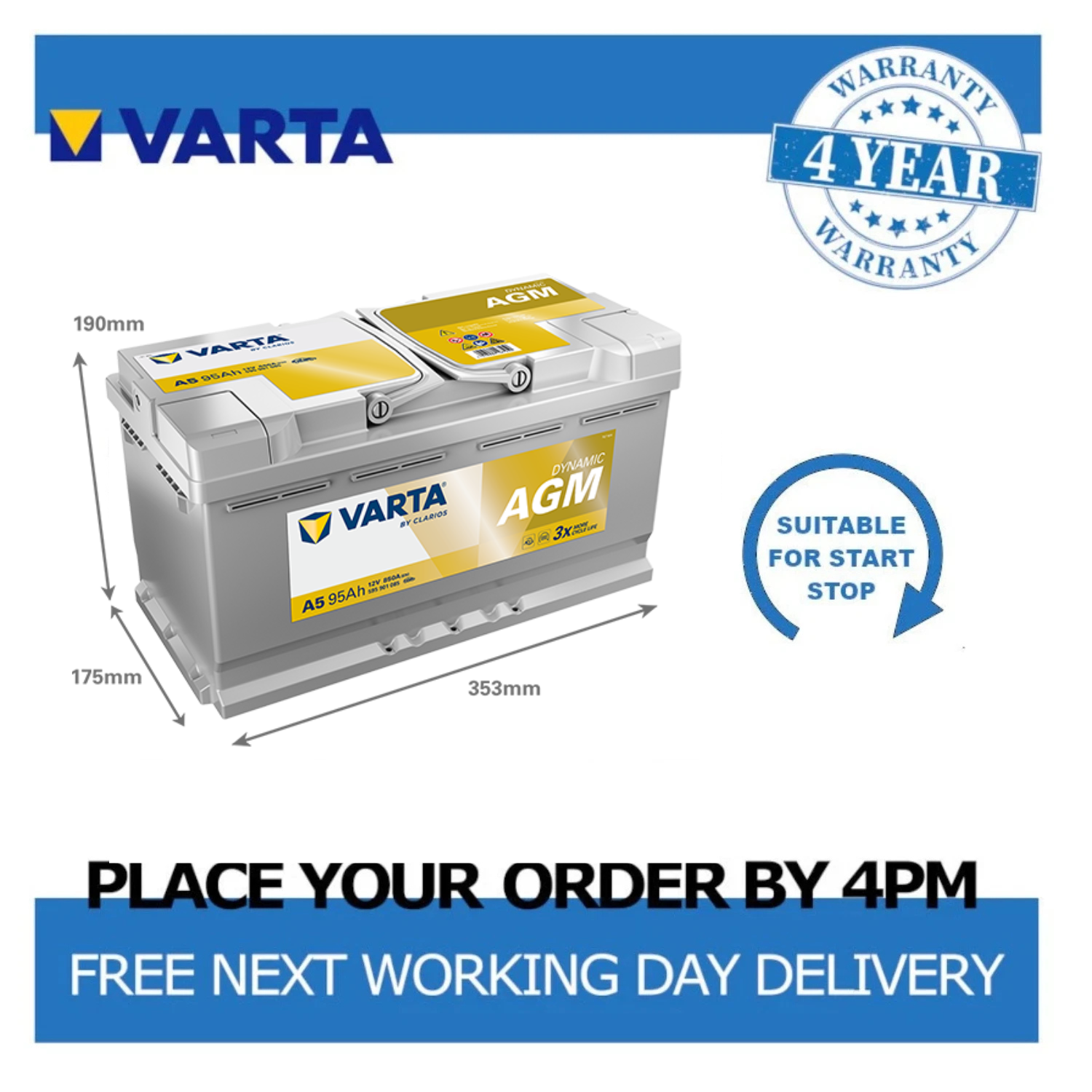 Varta A5 AGM Car Battery 12V Silver Dynamic 4 Yr Warranty Type 019 ...