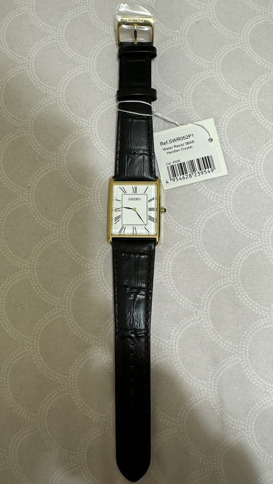 SEIKO Square Black Leather Gold Watch SWR052, Gold, Modern/without box ...