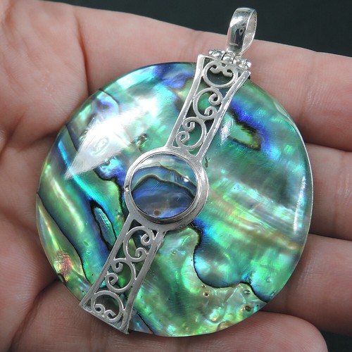 925 Sterling Silver Large Round Natural Paua Abalone Shell Pendant ...