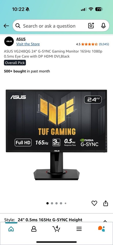 ASUS 24" Full HD 1080p 0.5ms 165Hz Gaming Monitor G-SYNC MODEL VG248QG ...