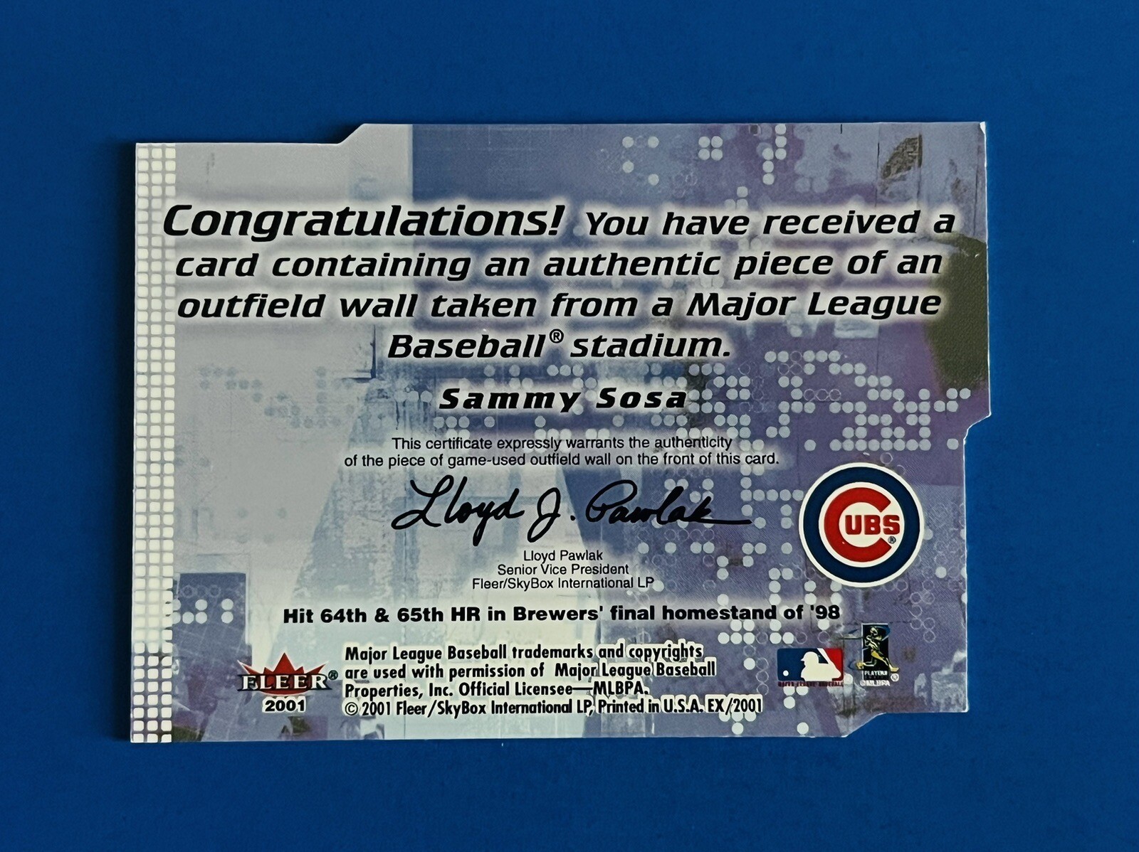2001 Fleer E-X Sammy Sosa Cubs Wall of Fame Die-cut Outfield Wall Piece ...
