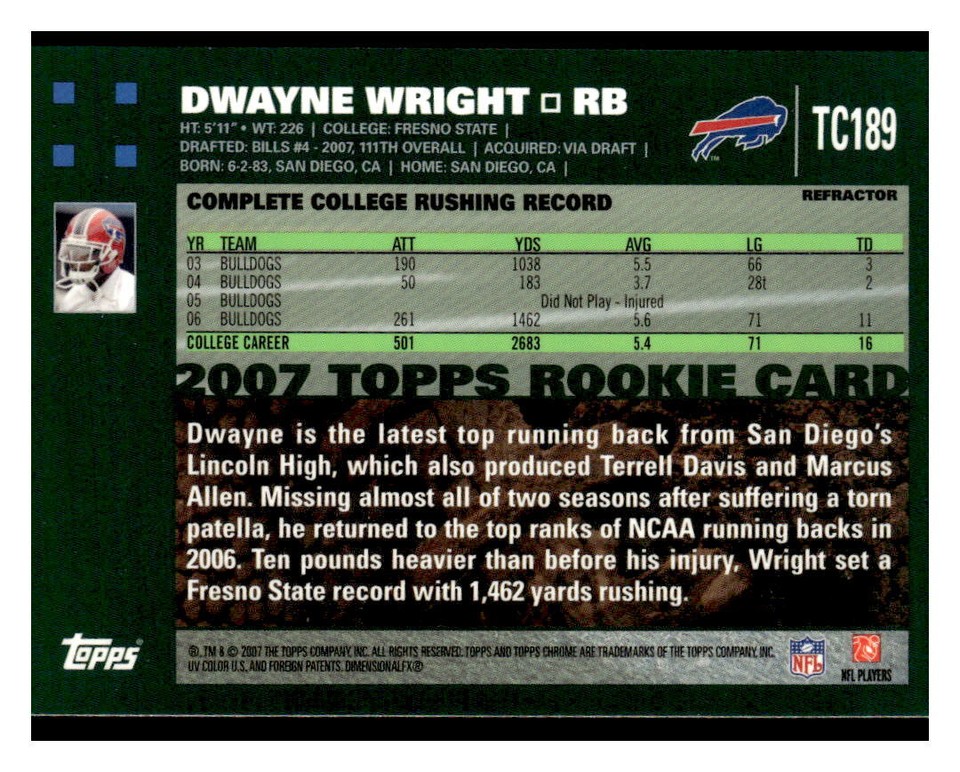 Dwayne Wright 2007 Topps CHROME REFRACTOR 189 RC Rookie | eBay