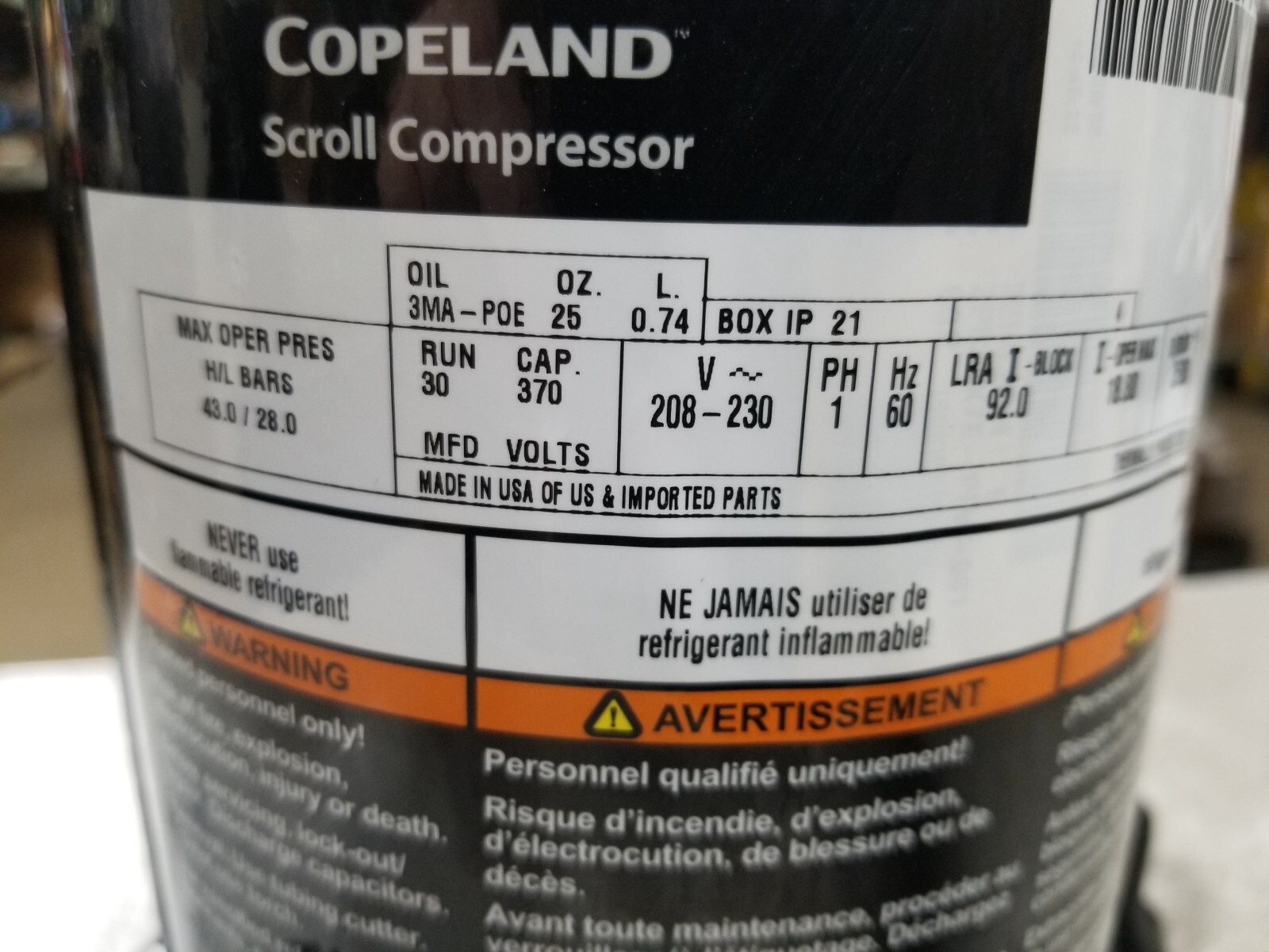 COPELAND ZPS30K7E-PFV-130 230V 1PH 60HZ R-FOUR TEN A 2-STAGE SCROLL A/C ...