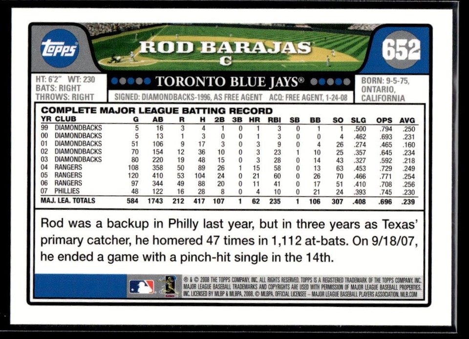 2008 Topps #652 Rod Barajas Excellent | eBay