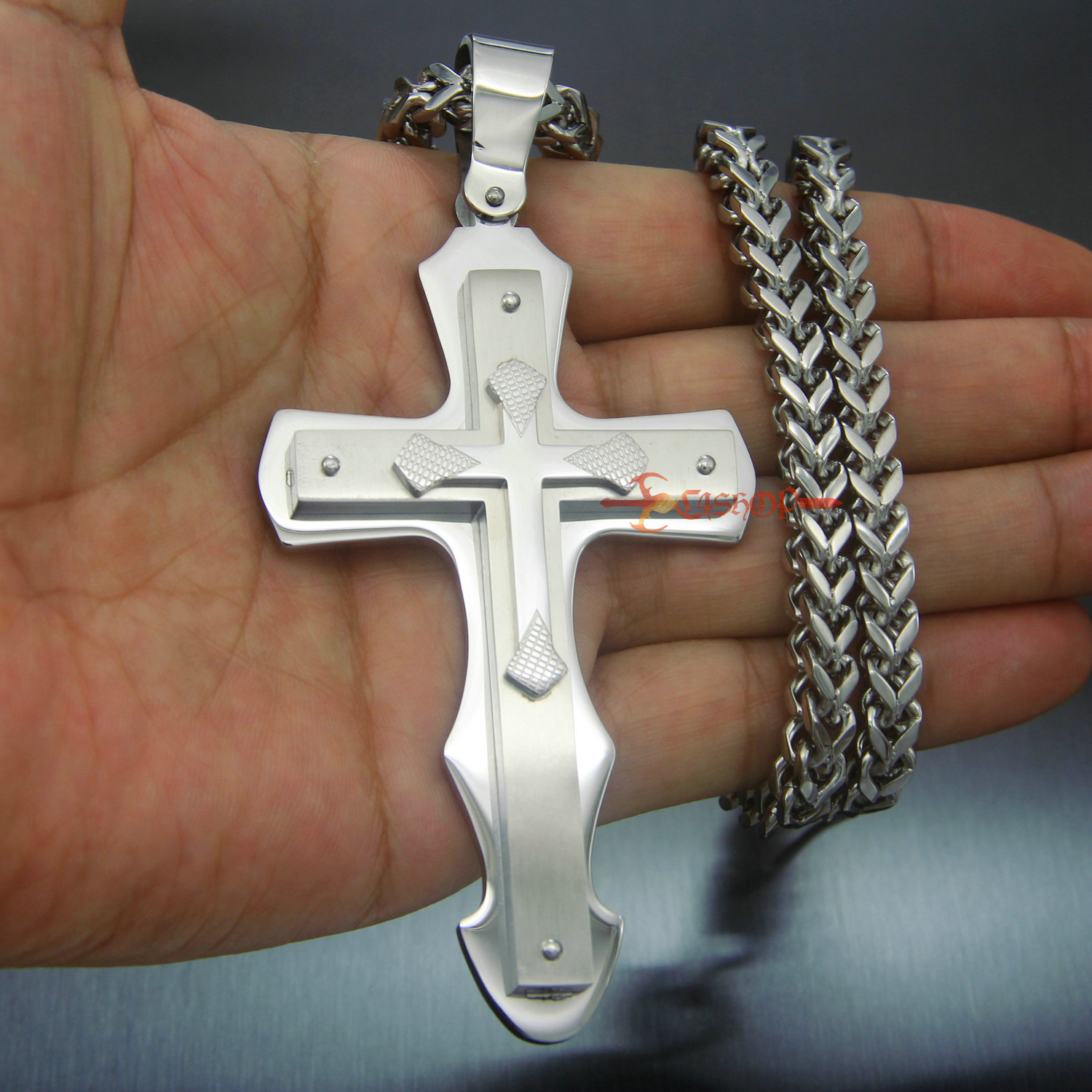 Men's Huge Solid Silver Cross 316L Stainless Steel Necklace Pendant ...