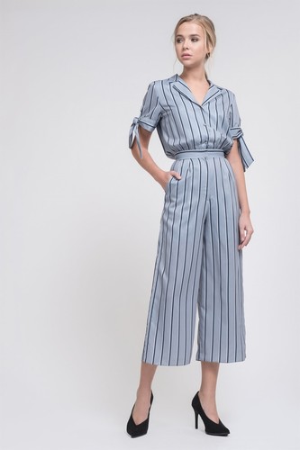 J.O.A. 146166 Womens Wide Leg Blue Jumpsuit With Sleeve Ties Sz M ...