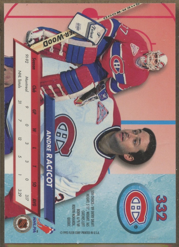 1992-93 Fleer Ultra #332 Andre Racicot Montreal Canadiens | eBay