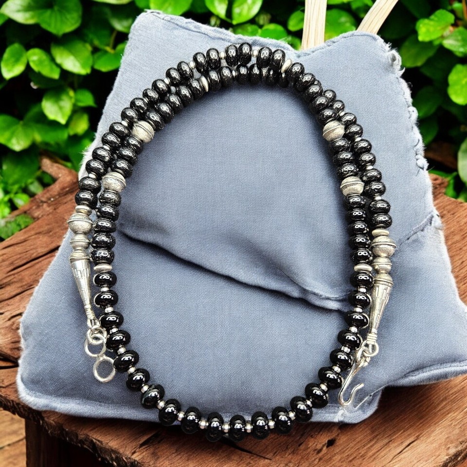 Sterling NAVAJO Pearl Black Onyx Native Bench Beads Necklace VTG Silver ...