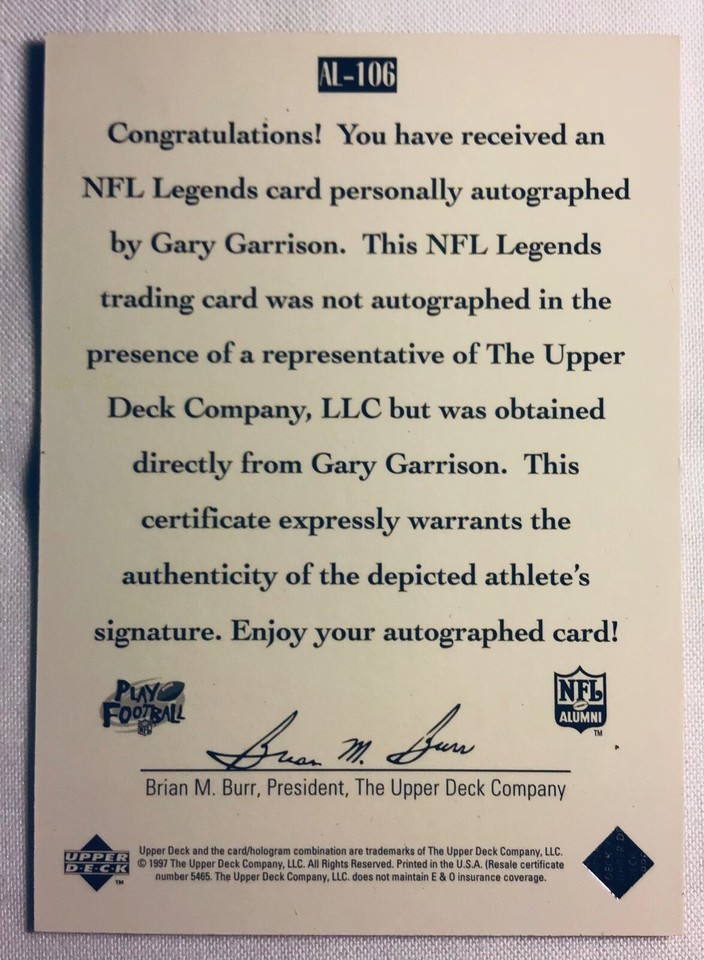 San Diego Chargers GARY GARRISON autographed signed auto 1997 UPPER ...