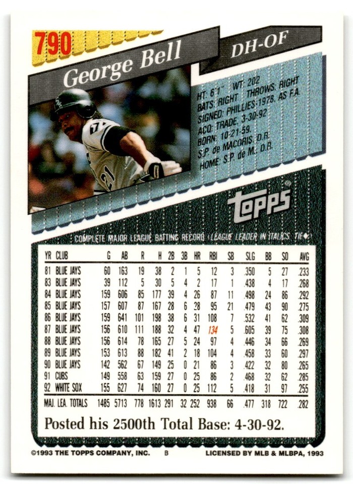 1993 Topps Gold George Bell Chicago White Sox #790 | eBay