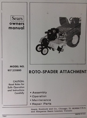 Sears Garden Tractor 3-Point Hitch 8 HP Roto-Spader Tiller Owner ...