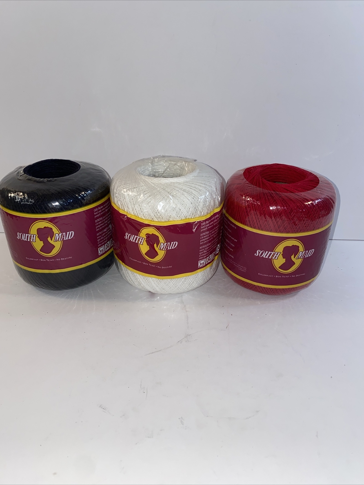 3 New South Maid Crochet Thread Size 10 White 400 Yds -Black & Red 350 ...