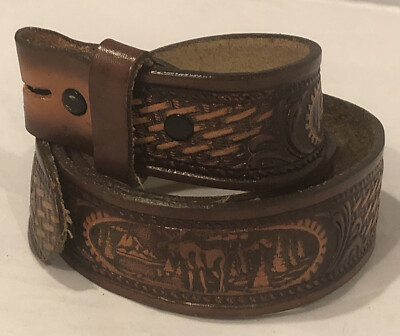 Hand Tooled Wildlife Scenes Cowhide Leather Belt Moose Mountains Hunter ...