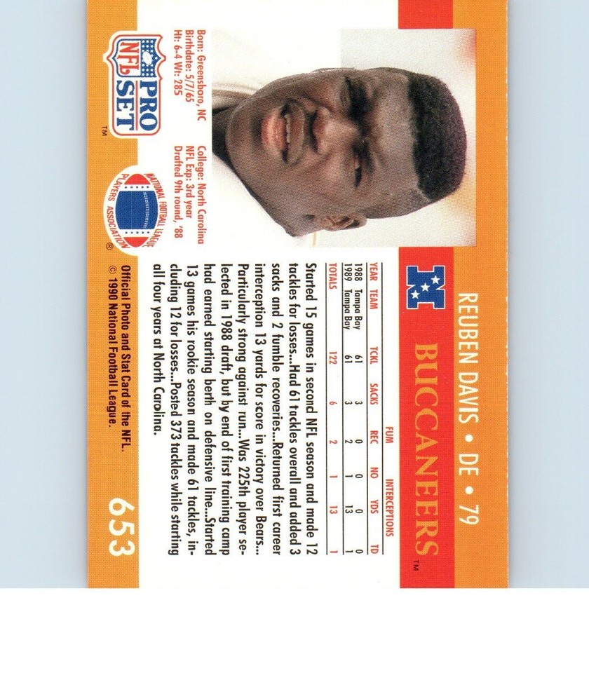 Reuben Davis 653 Buccaneers 1990 Pro Set NFL Football Trading Card | eBay