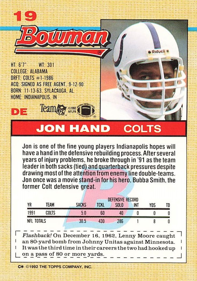 1992 Bowman #19 Jon Hand Indianapolis Colts | eBay