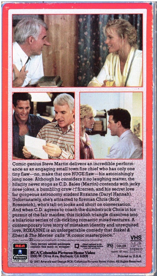 ROXANNE- Steve Martin, Daryl Hannah - Romantic Comedy Masterpiece- VHS ...