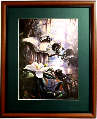 WOOD DUCK PICTURE MAGNOLIA FLOWER DEER RICK HALL & RC DAVIS MATTED ...