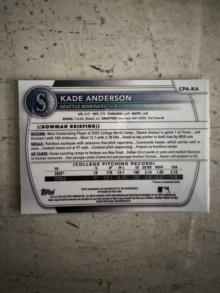 2025 Bowman Draft Chrome 1st Auto Kade Anderson Mariners CPA-KA | eBay