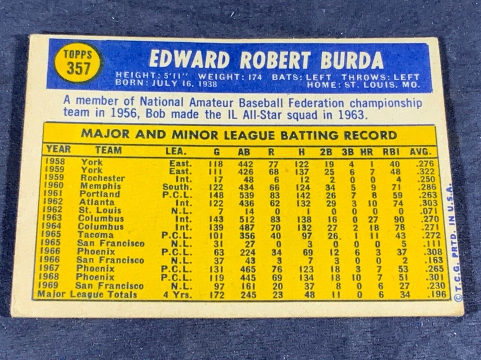 A5-61 BASEBALL CARD - BOB BURDA SAN FRANCISCO GIANTS - 1970 TOPPS ...