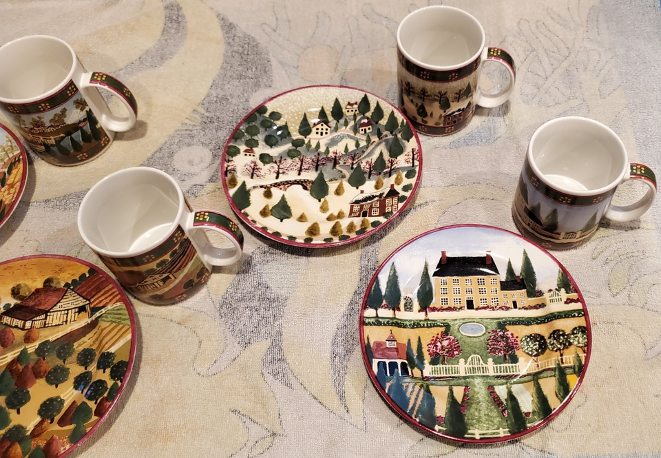 8 PC Country Village Mug & Plate Set Block By Gear Spring Summer Winter ...