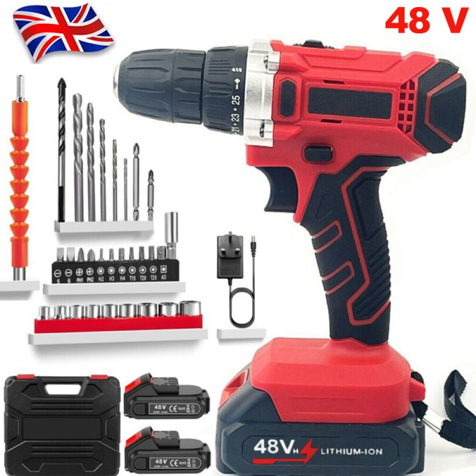 48V Cordless Hammer Drill Set Electric Impact Driver Screwdriver +2 ...