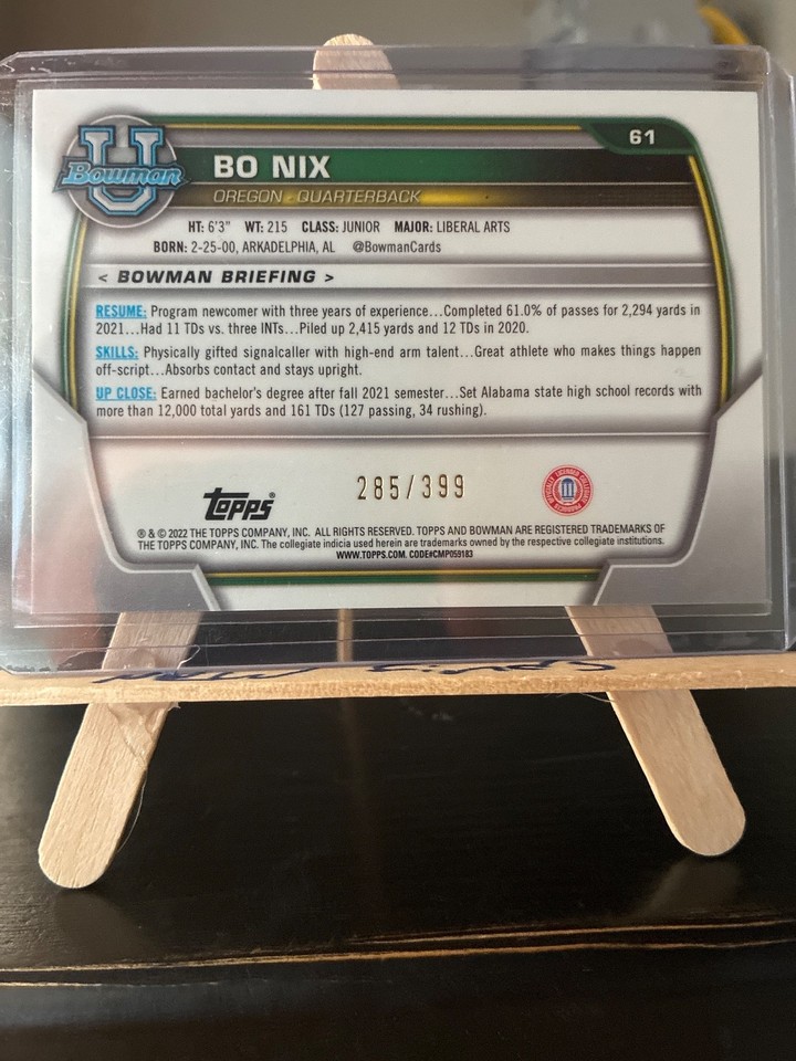 2022 Bowman University Chrome - Bo Nix #61 Purple Refractor /399 (RC ...