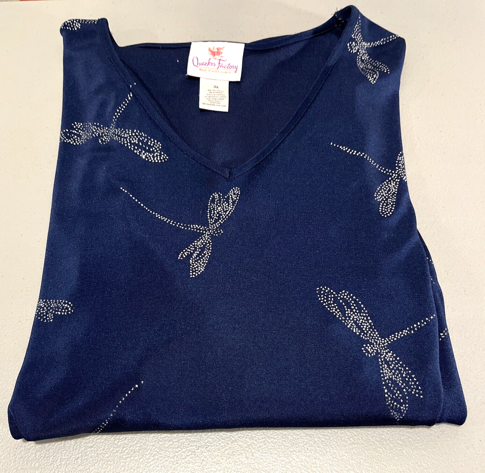 QVC Quacker Factory 3X Womens Plus Dragonfly Insect Dark Blue 3/4 ...