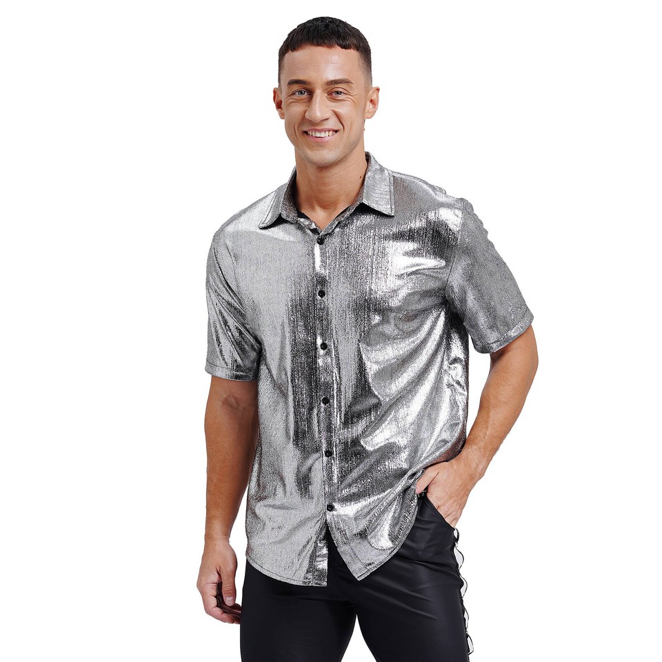 Men's Glitter Shirt Short Sleeve Shiny T-shirt Disco Party Shirt ...