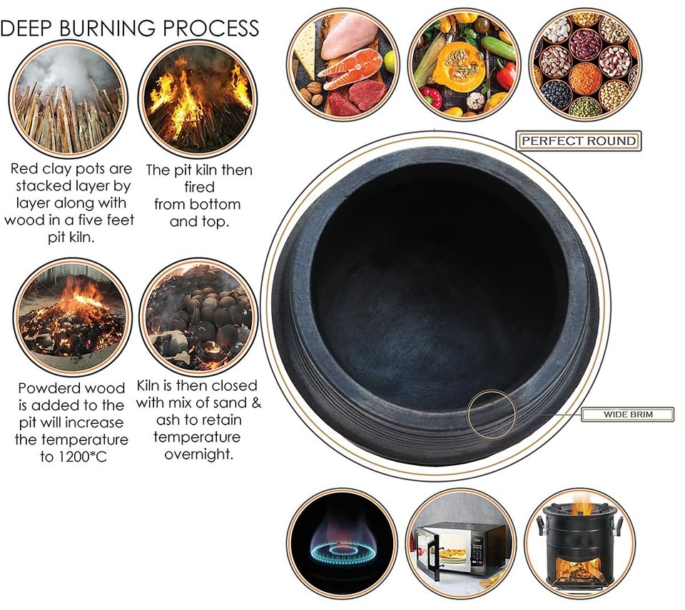 Terracotta Clay Pottery Mud Pot Earthen Cooking Serving With Lid Black ...