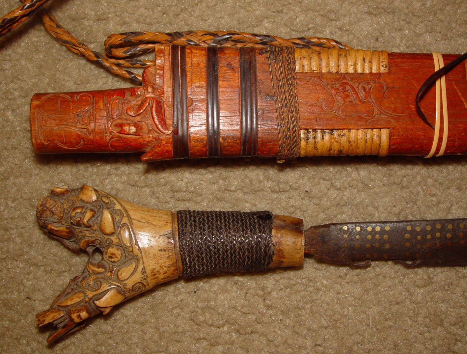 Antique Indonesian DAYAK MANDAU Short Sword with Scabbard & 2nd Knife ...