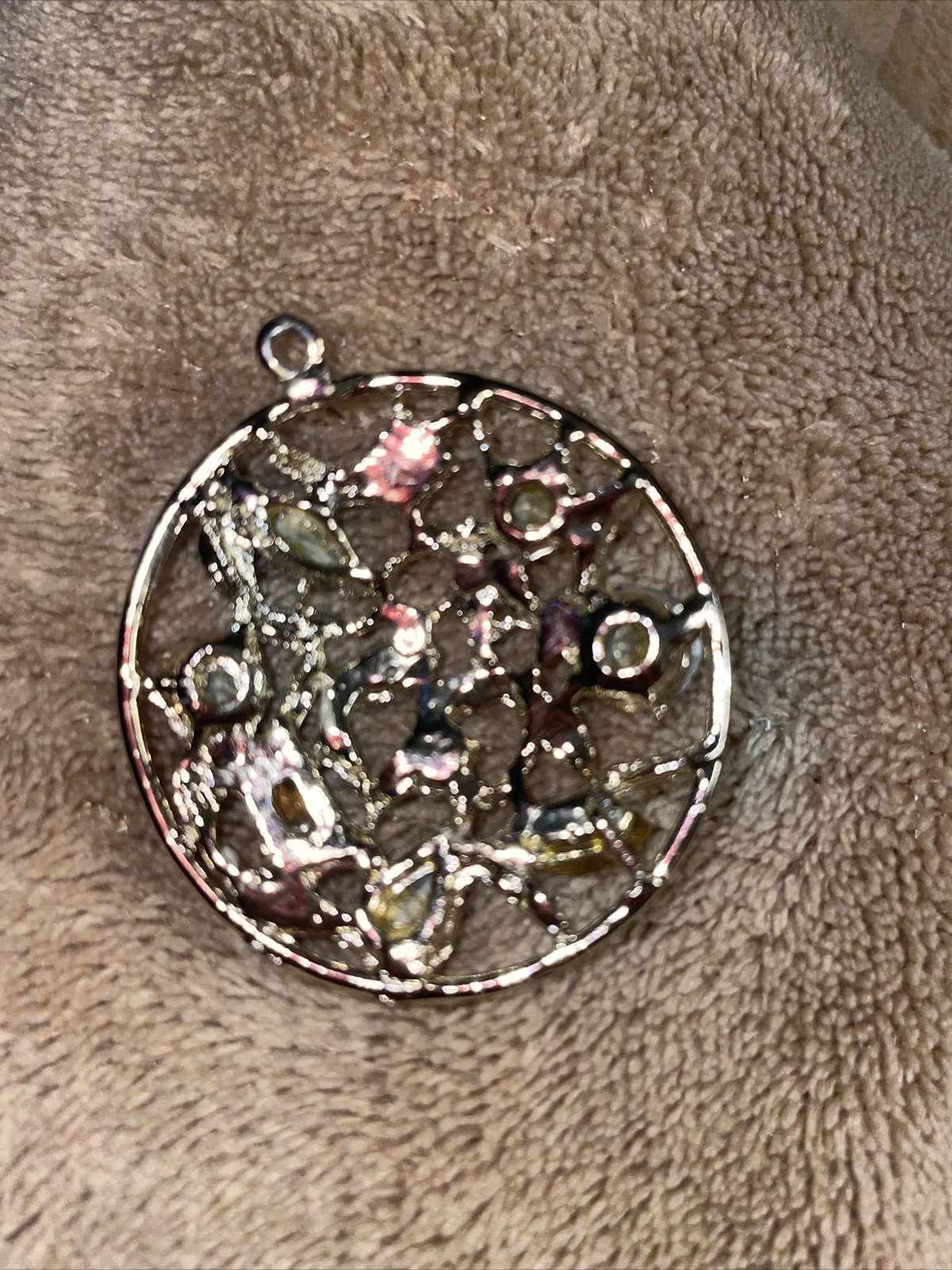 Vintage silver tone round pendant multi rhinestones large cut Pastel ...