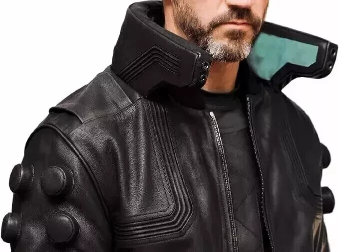 Men's Samurai Cyberpunk 2077 Bomber Black Leather Jacket Gaming Biker ...