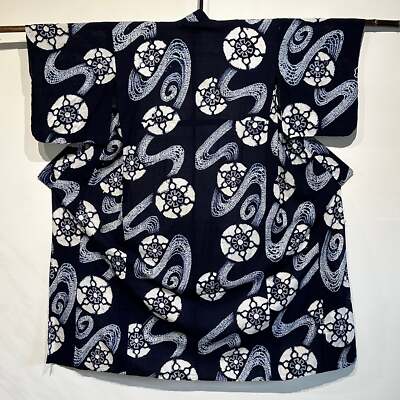 Japanese Cotton Shibori Yukata Kimono Dark Blue Wheel & Stream Arimatsu ...