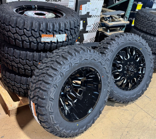 20" Fuel Blitz D673 Black Dually Wheels 35" MT Tires 8x200 Ford Super ...