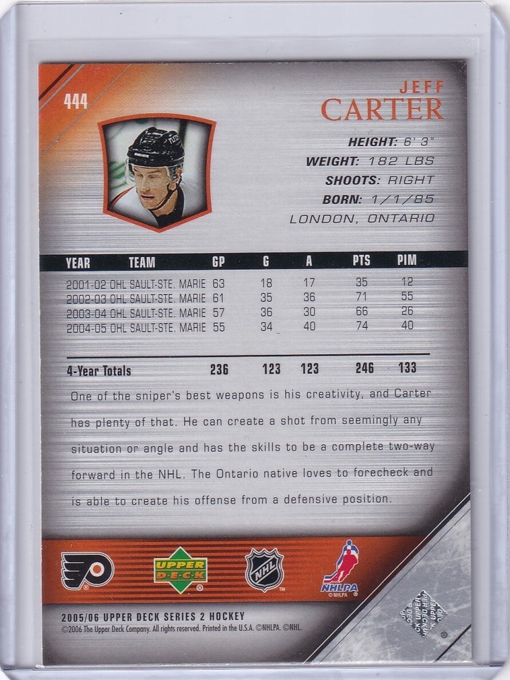 2005-06 Upper Deck Rookie Young Guns #444 Jeff Carter YG RC #4 | eBay