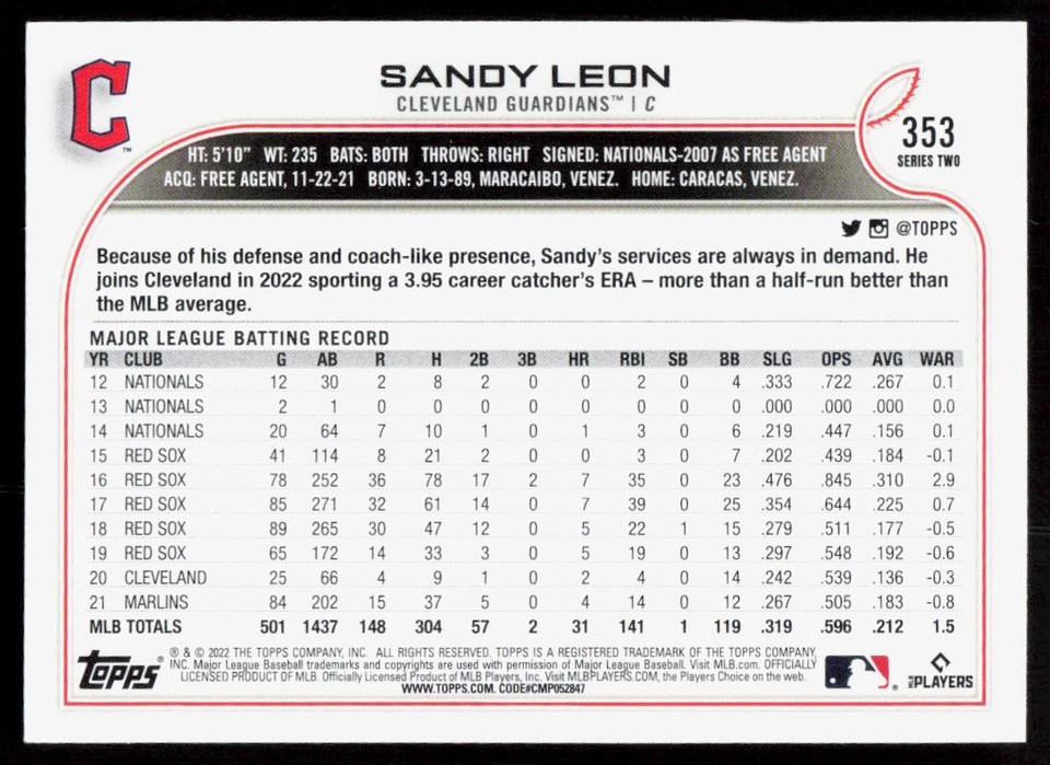2022 Topps 353 Sandy Leon Cleveland Guardians | eBay