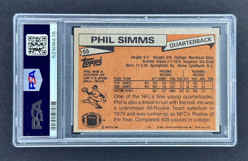 1981 Topps #55 Phil Simms (NY Giants) PSA 7 NM NEW SLAB! 2nd YEAR CARD ...