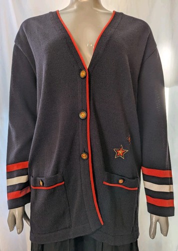 Horst Basler Blue Oversized Cardigan Embroidered Stars Sleeve Stripes L ...